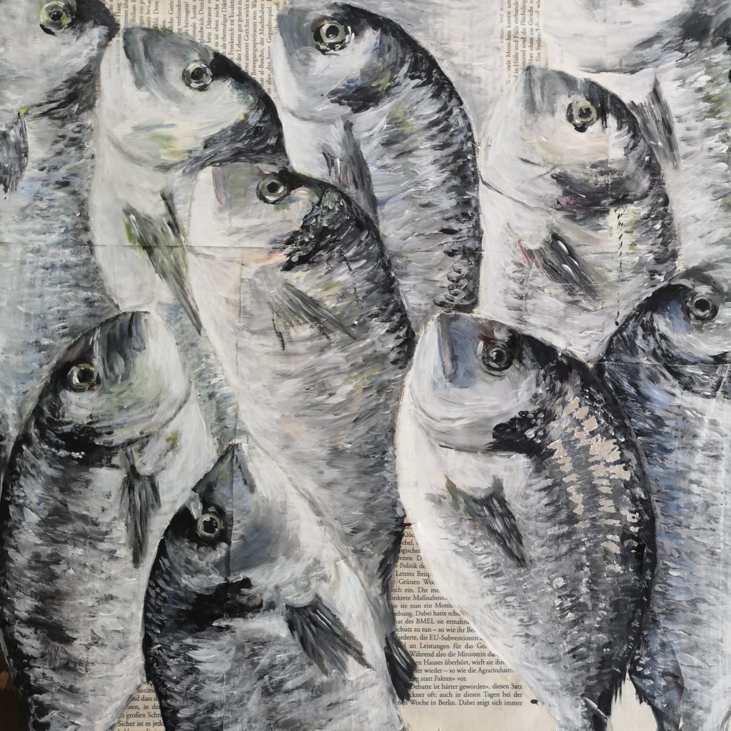 Poster Kunstdruck - FISCHE in Acryl auf Zeitungs-Leinwand - Alina Sellig